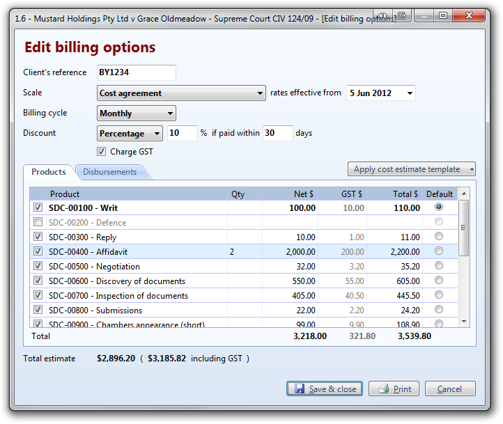 Cost estimate ContactsLaw